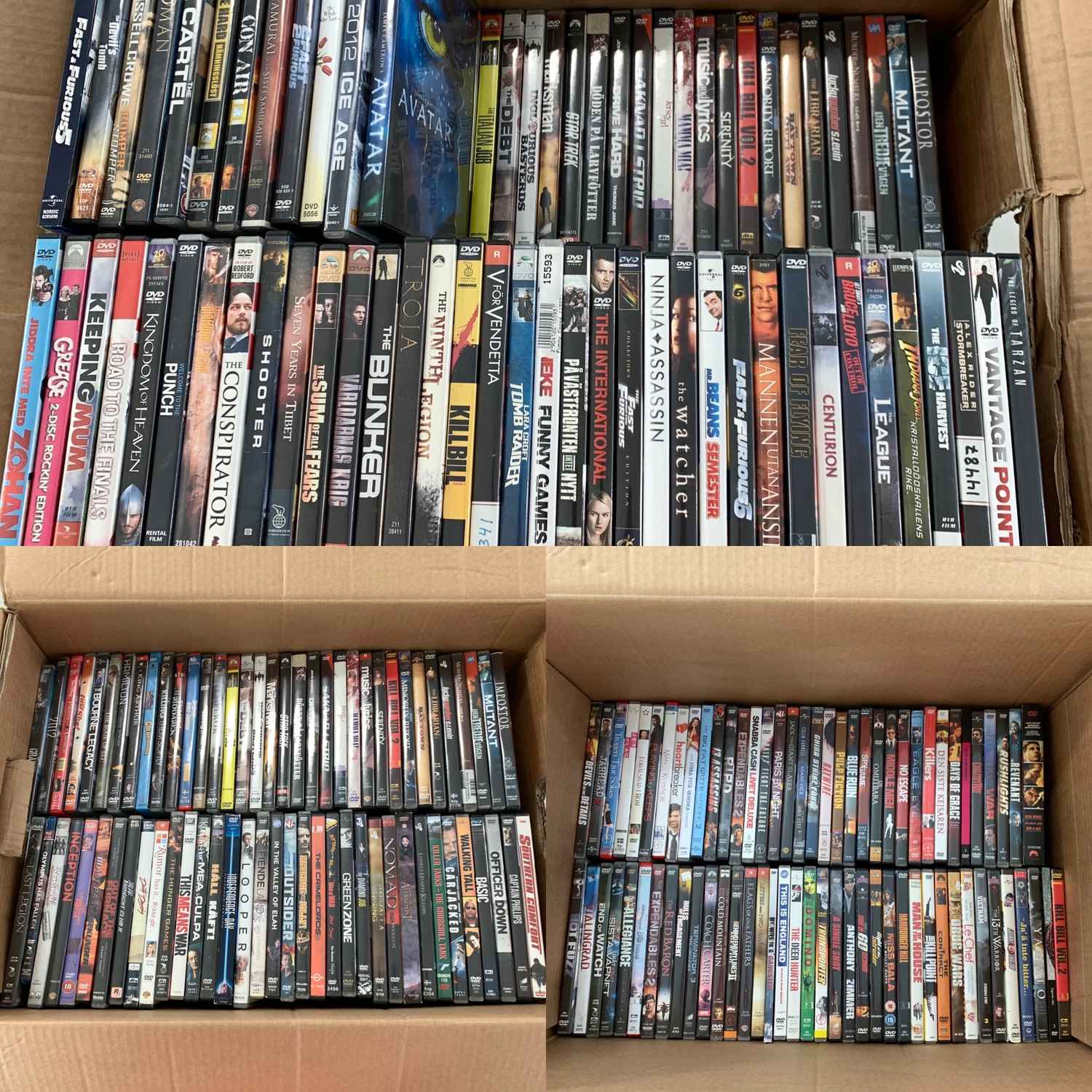 Flyttkartong DVD-Filmer Samling Dvdsamling Miami Vice Kill Bill Avatar ...